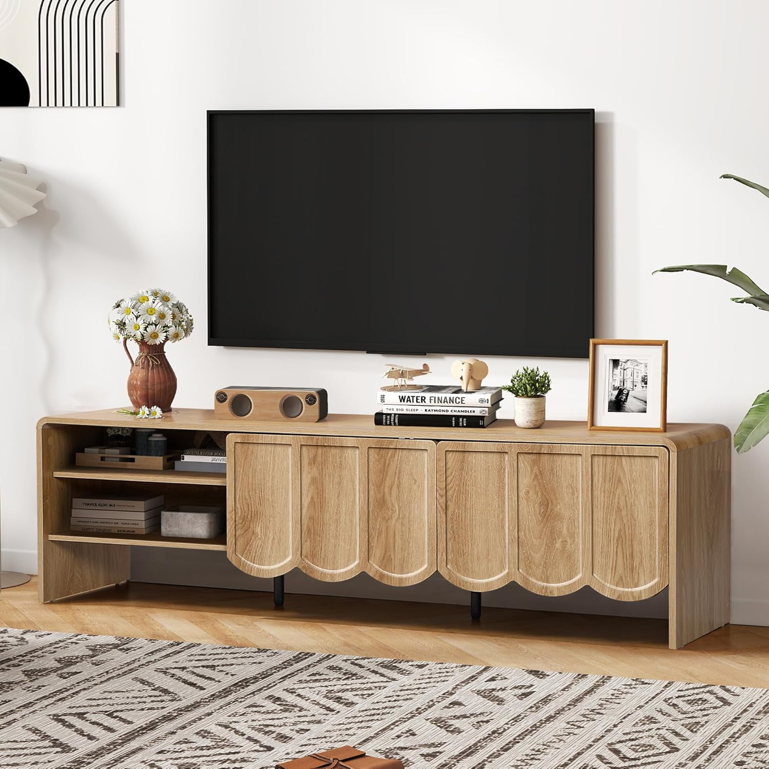 ORRD 63'' TV Stand, Modern TV Console Table Wave Panel Television Stands Entertainment Media ...