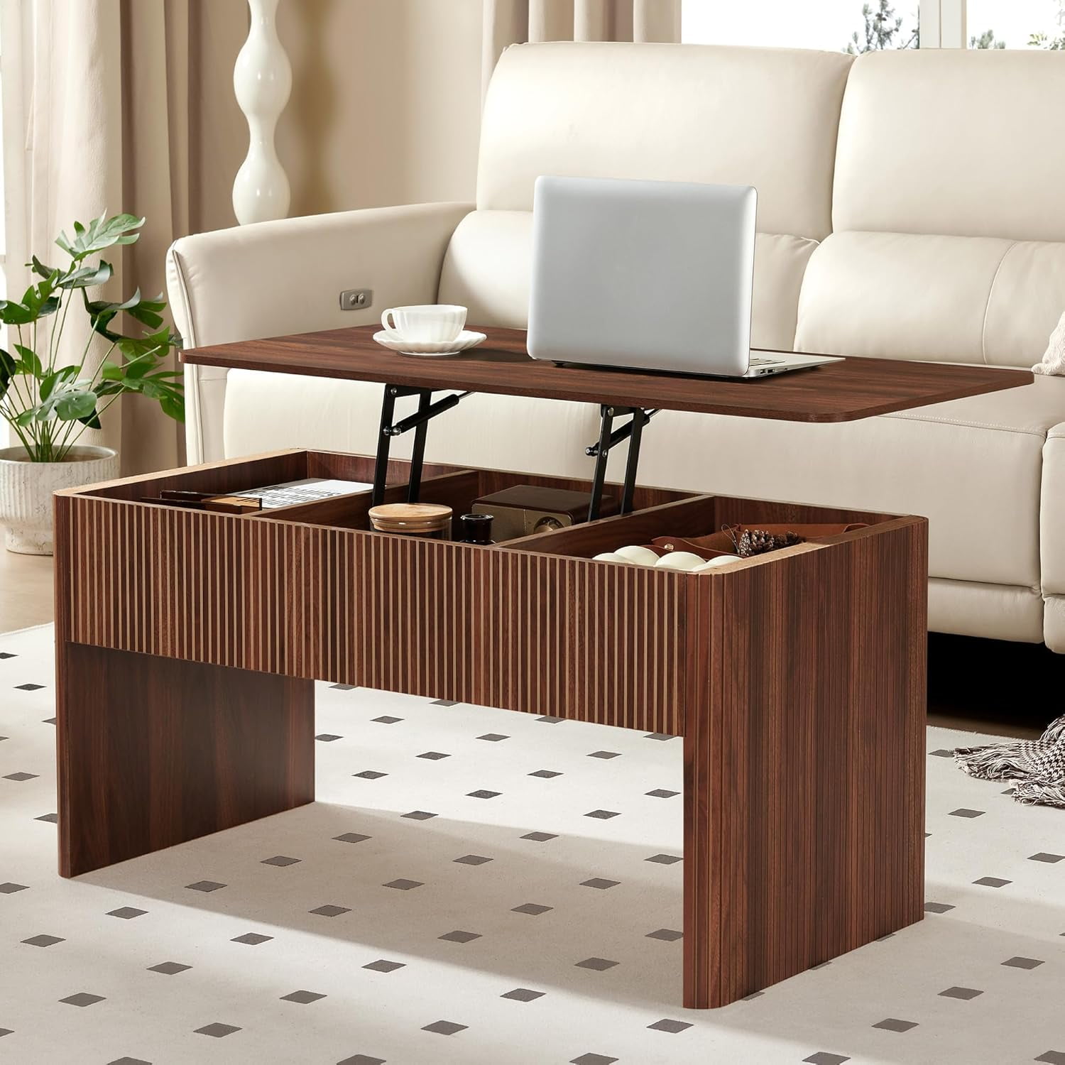 ORRD Fluted Lift Top Coffee Table, Farmhouse Coffee Table with Hidden ...