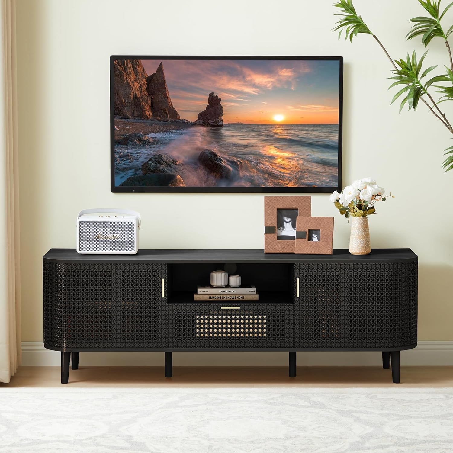 ORRD TV Stand for TVs Up to 65 Inch, Boho Wood Television Stands Media ...