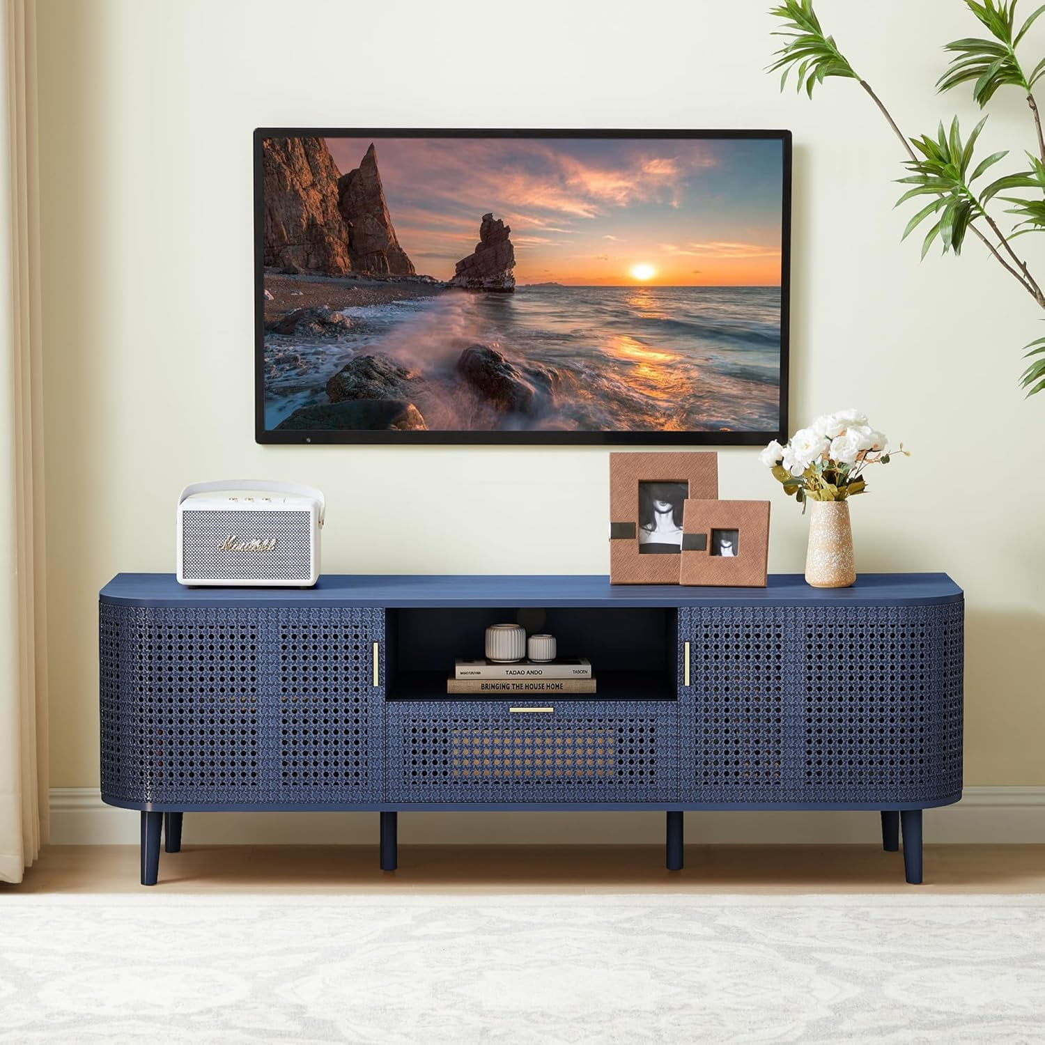 ORRD TV Stand for TVs Up to 65 Inch, Boho Wood Television Stands Media ...