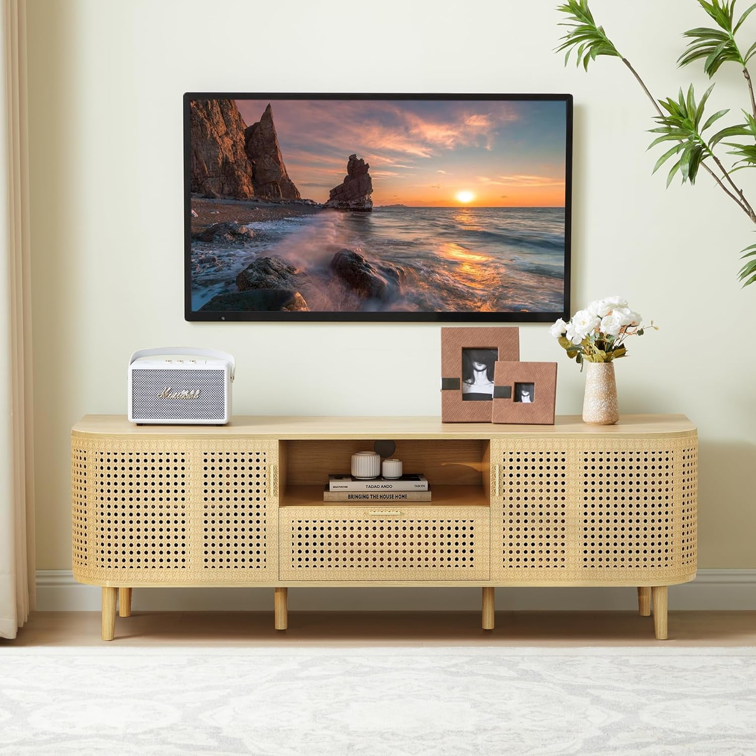 ORRD TV Stand for TVs Up to 65 Inch, Boho Wood Television Stands Media ...