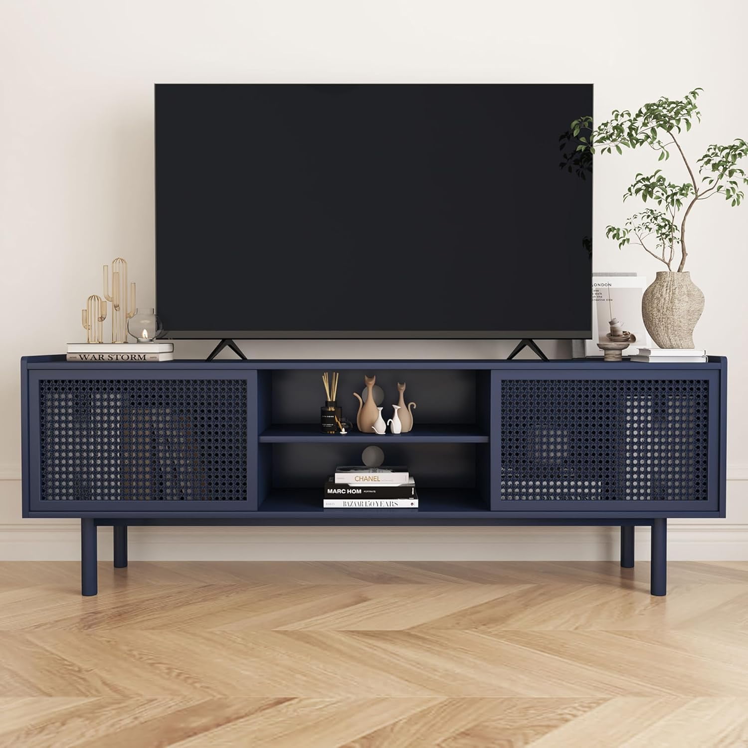 ORRD TV Stand for TVs Up to 70 Inch, Accent Iron Rattan Storage Cabinet ...
