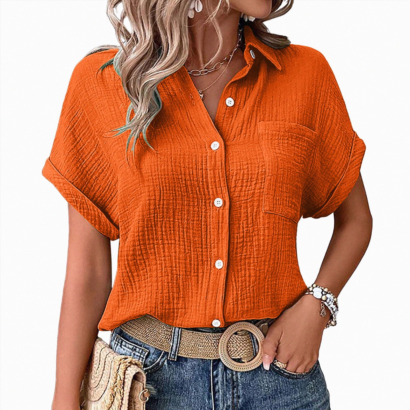 ORT Linen Shirts for Women Button up Shirts Casual Short Sleeve ...