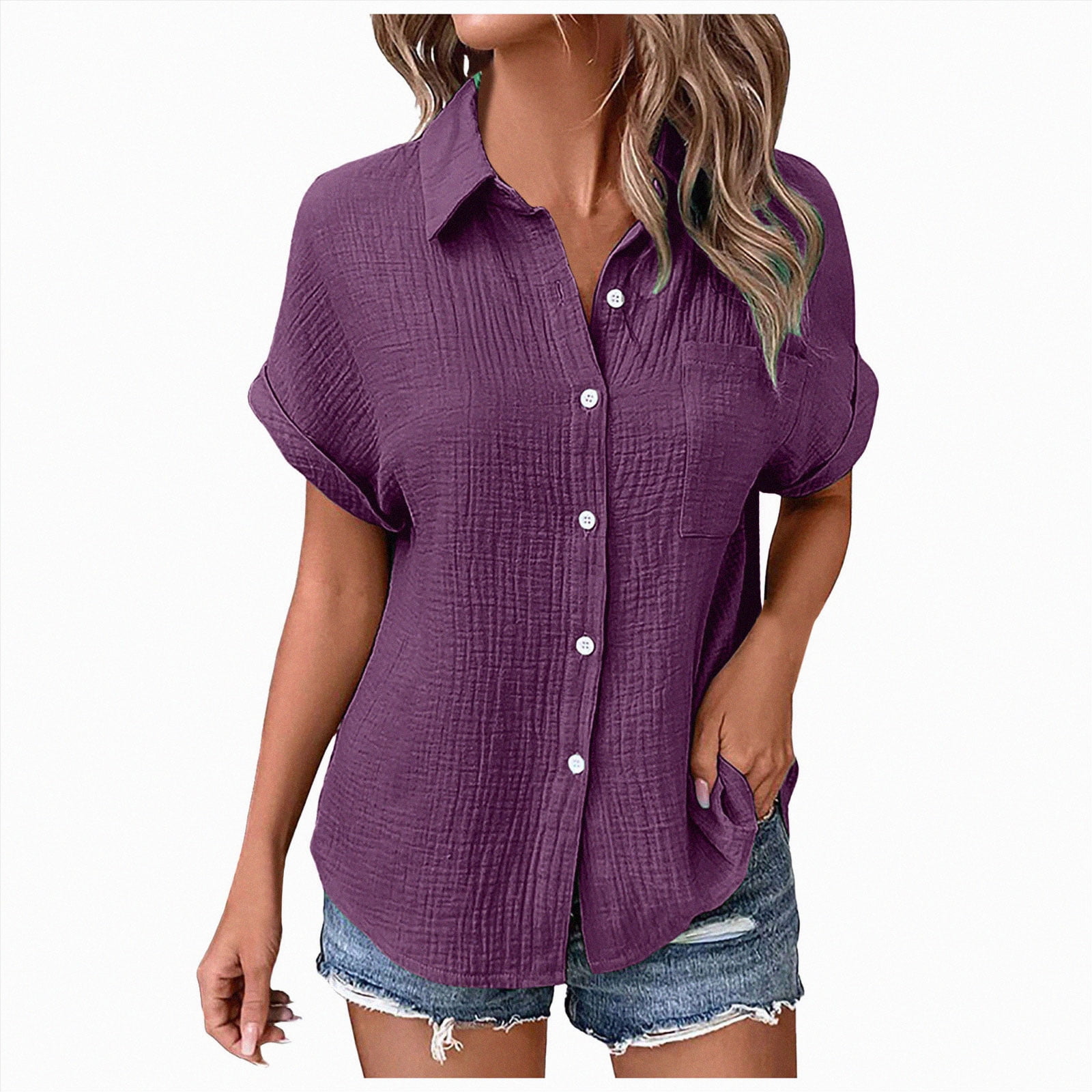 ORT Linen Shirts for Women Button up Shirts Casual Short Sleeve ...