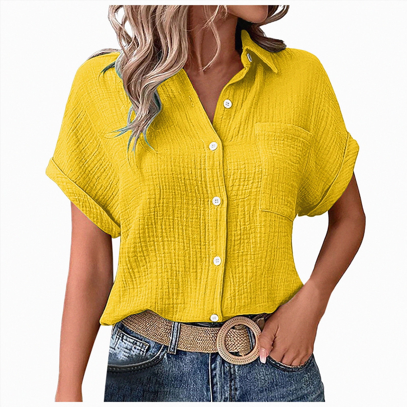 ORT Linen Shirts for Women Button up Shirts Casual Short Sleeve ...
