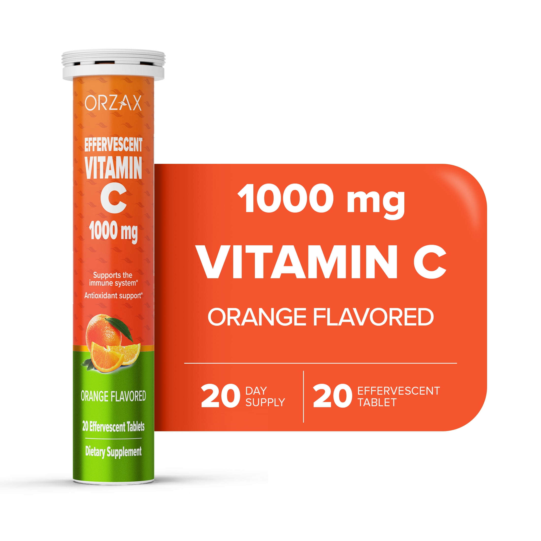 ORZAX Vitamin C 1000mg, 20 Vegetable Effervescent Tablets, Orange ...