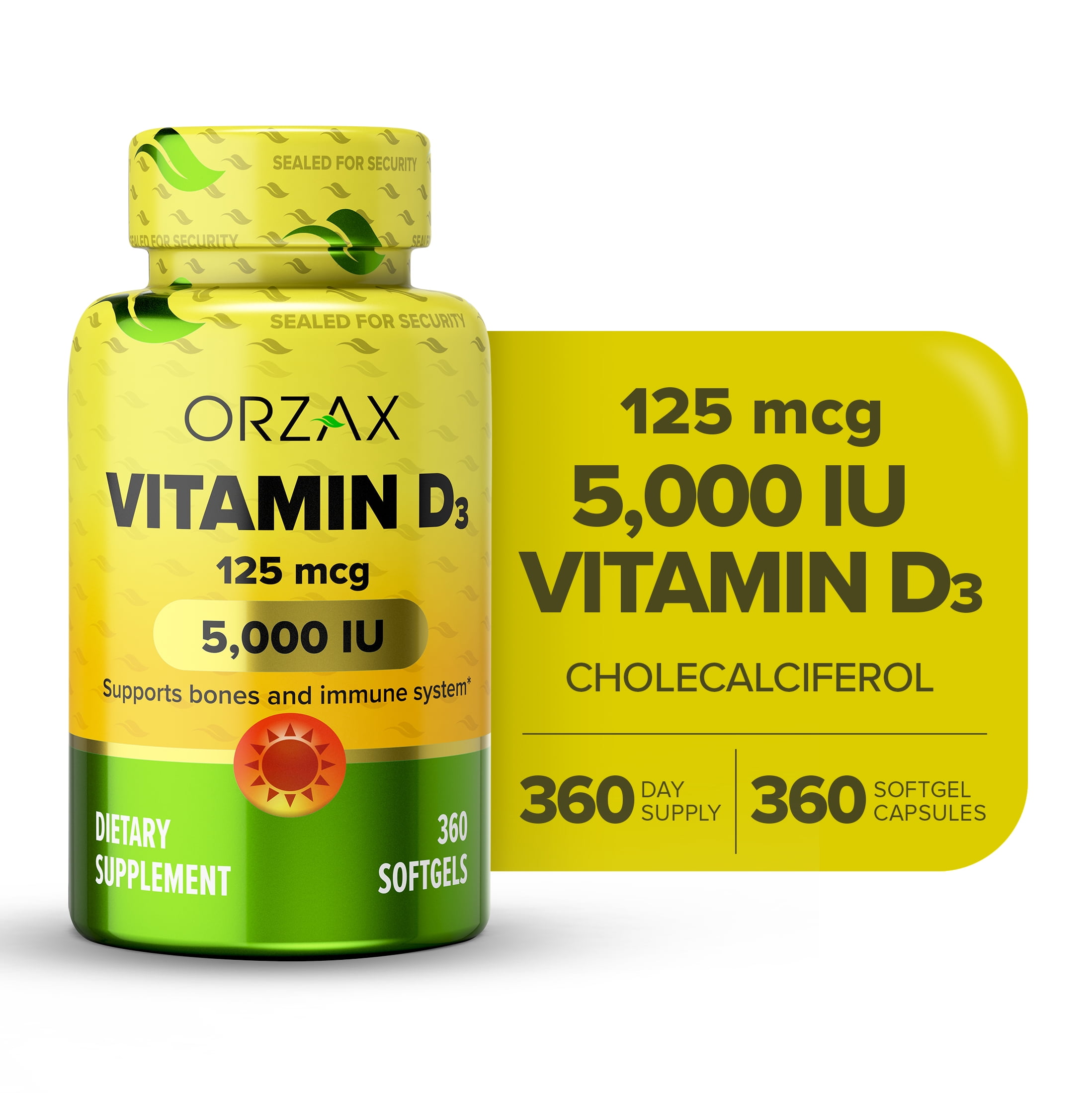 ORZAX Vitamin D3 5000 iu, 360 Days Supply, 125 Mcg Vitamin D3 Mini ...