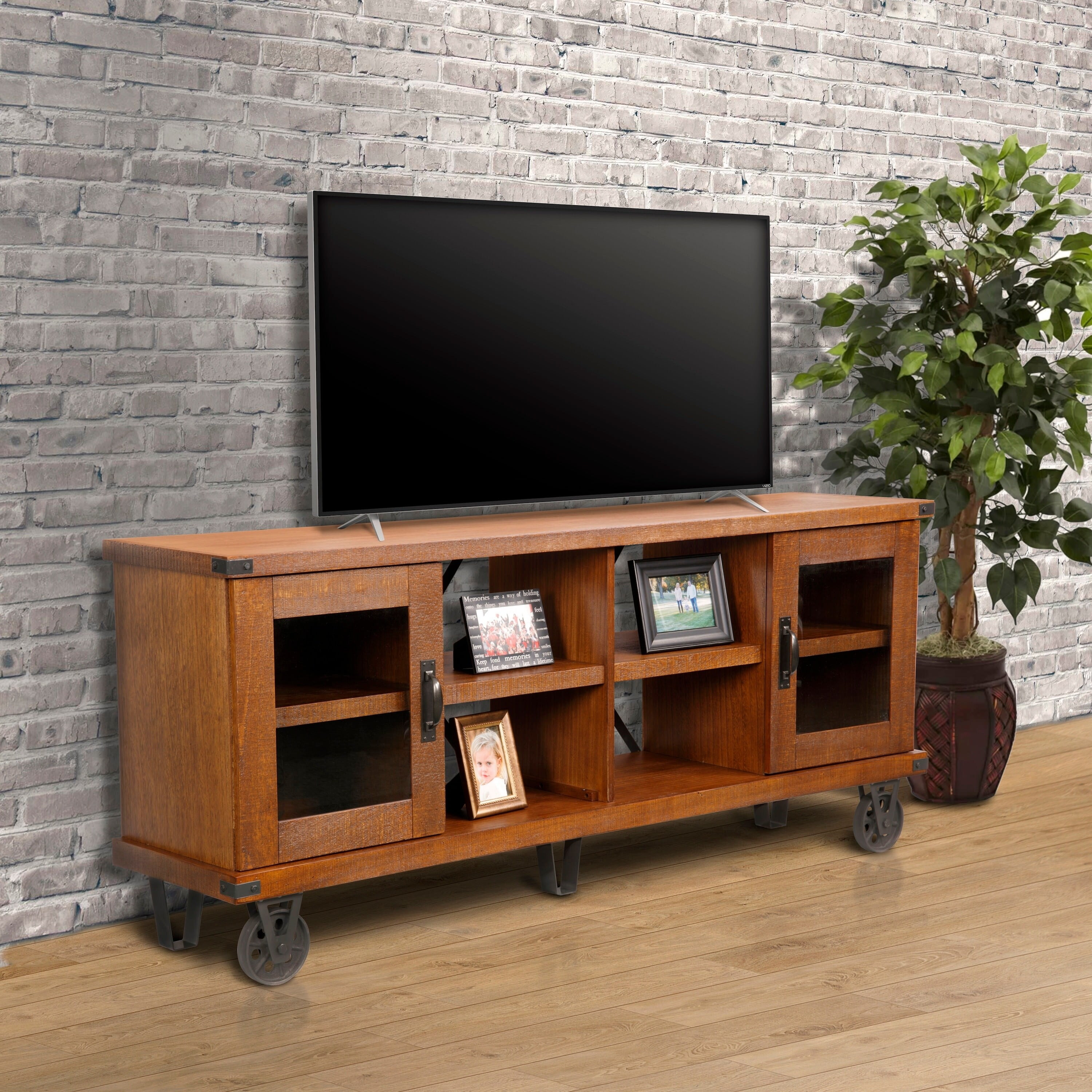 OS Home 33270 Industrial 70 inch wide TV Console with glass doors ...