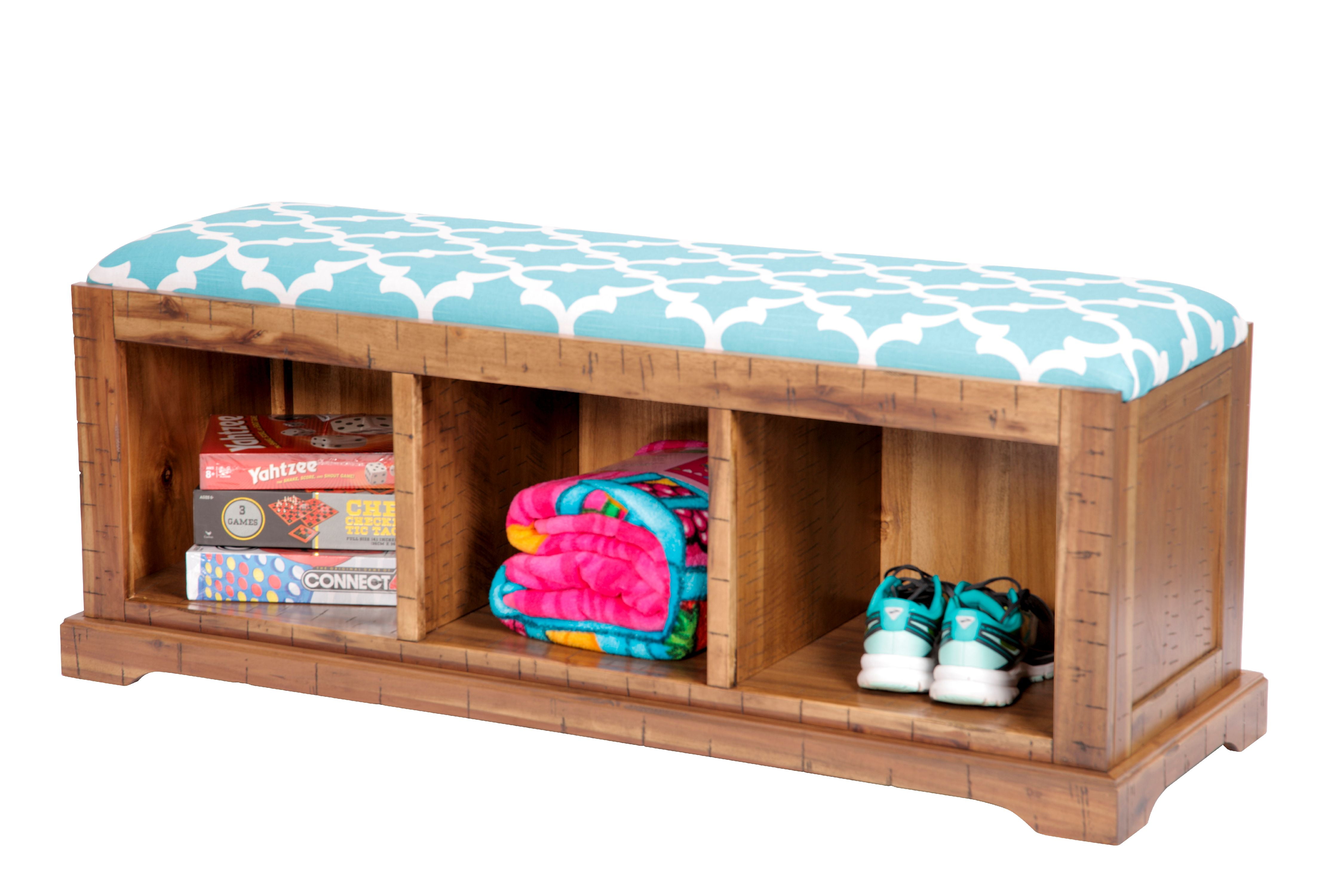 OS Home and Office Solid Wood Hall Bench with Flynn Teal Fabric Covered ...