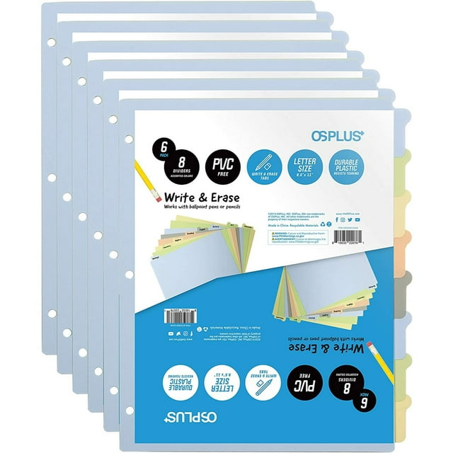 OS Plus 8-Tab 3 Ring Colored Plastic w/Write & Erase Tab Binder ...