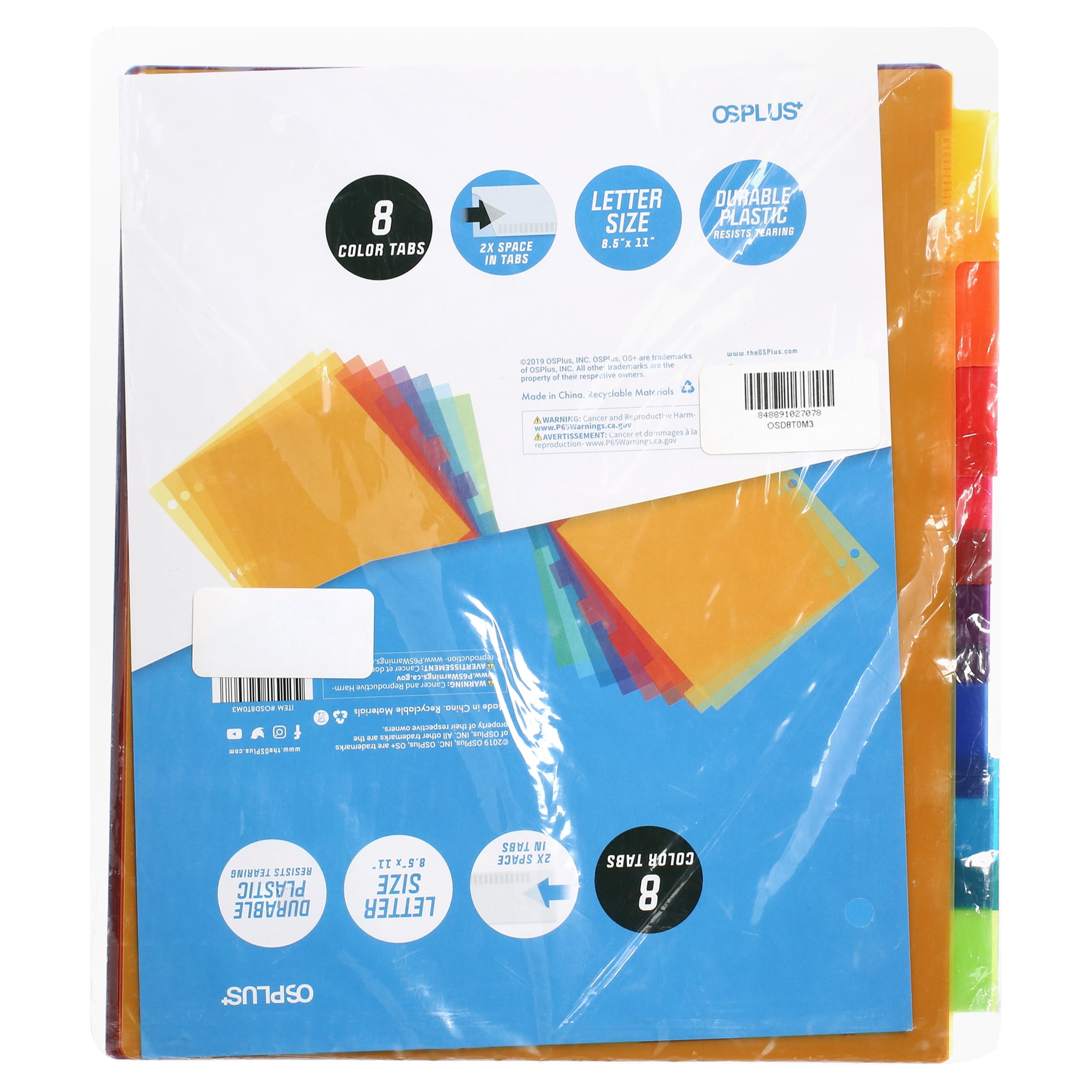 OS Plus 8-Tab 3 Ring Durable Plastic 2x Space in Tabs Binder Dividers ...