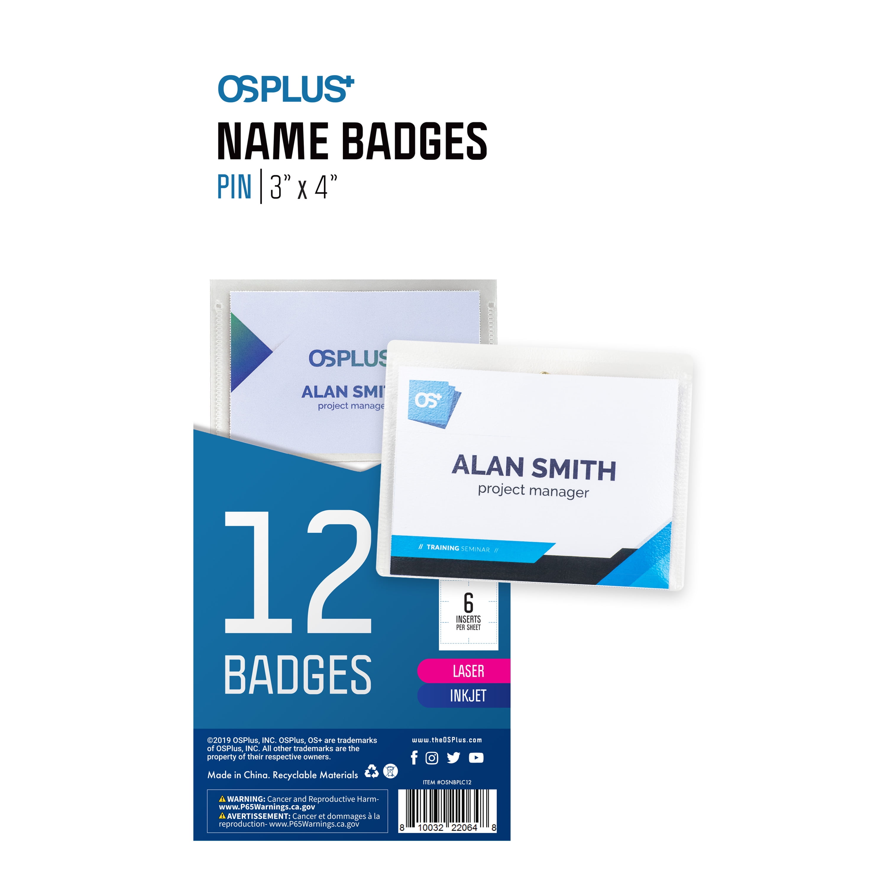 OS Plus Pin Style Name Badges, Top-Loading, Precut Inserts, 3" X 4", 12 ...