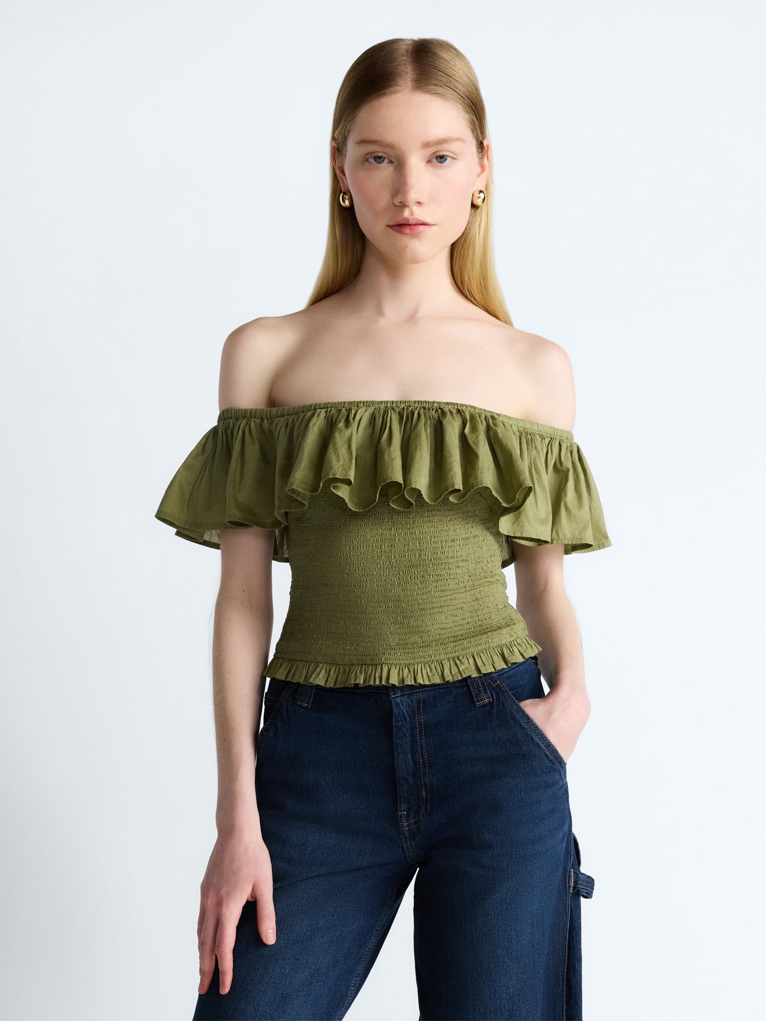 Scoop Women’s and Women’s Plus Off-the-Shoulder Smocked Ruffle Cotton ...