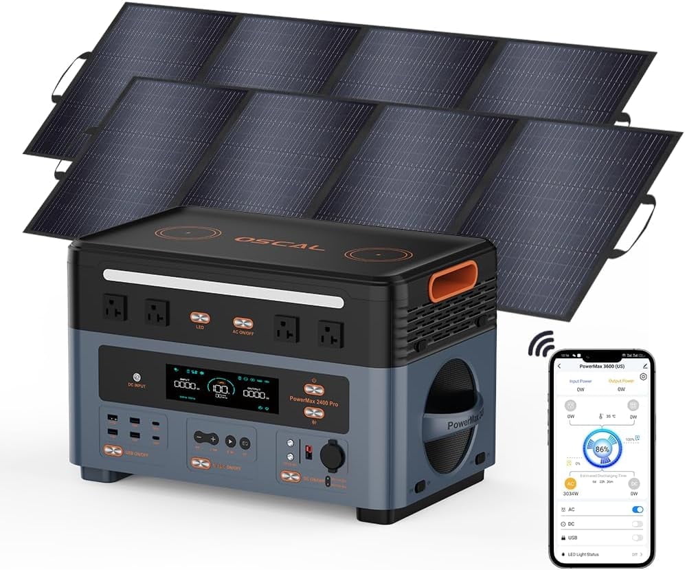 OSCAL PowerMax 2400 Solar Generator with 2×200W Panels, 2400W/1872Wh ...