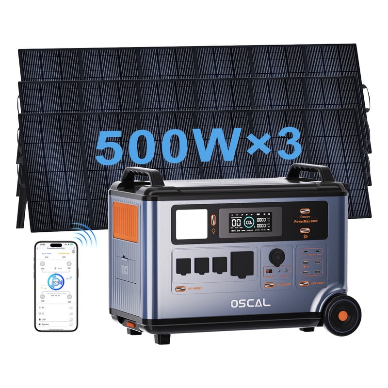 OSCAL PowerMax 6000 Solar Generator with 3×500W Panels, 6000W AC Output ...