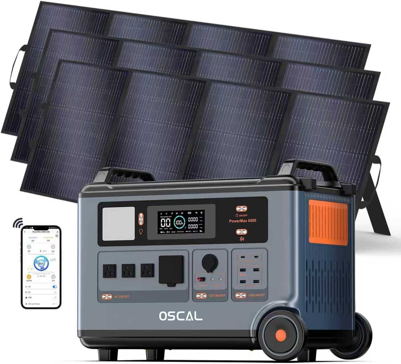 OSCAL PowerMax 6000 Solar Generator Kit with 3x400W Panels - 3600Wh ...