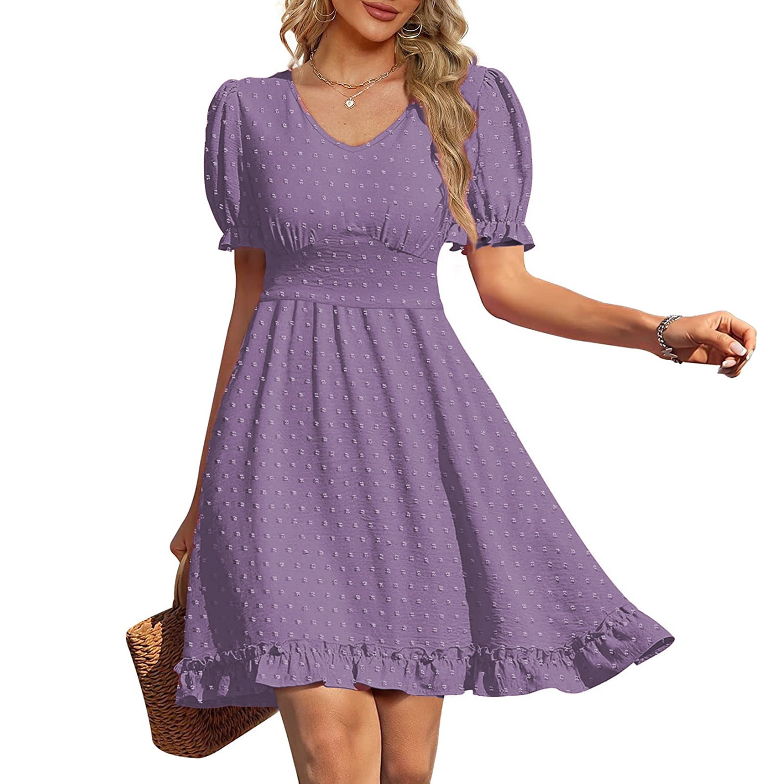 OSFVNOXV Dresses for Juniors Elegant Puff Short Sleeve Mini Dress V ...