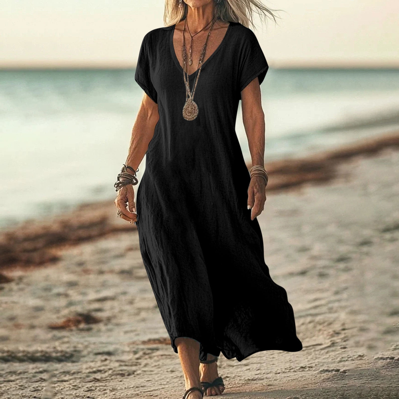 OSFVNOXV Maxi Sundresses for Women Maxi Dresses Cotton Linen Sun Dress ...
