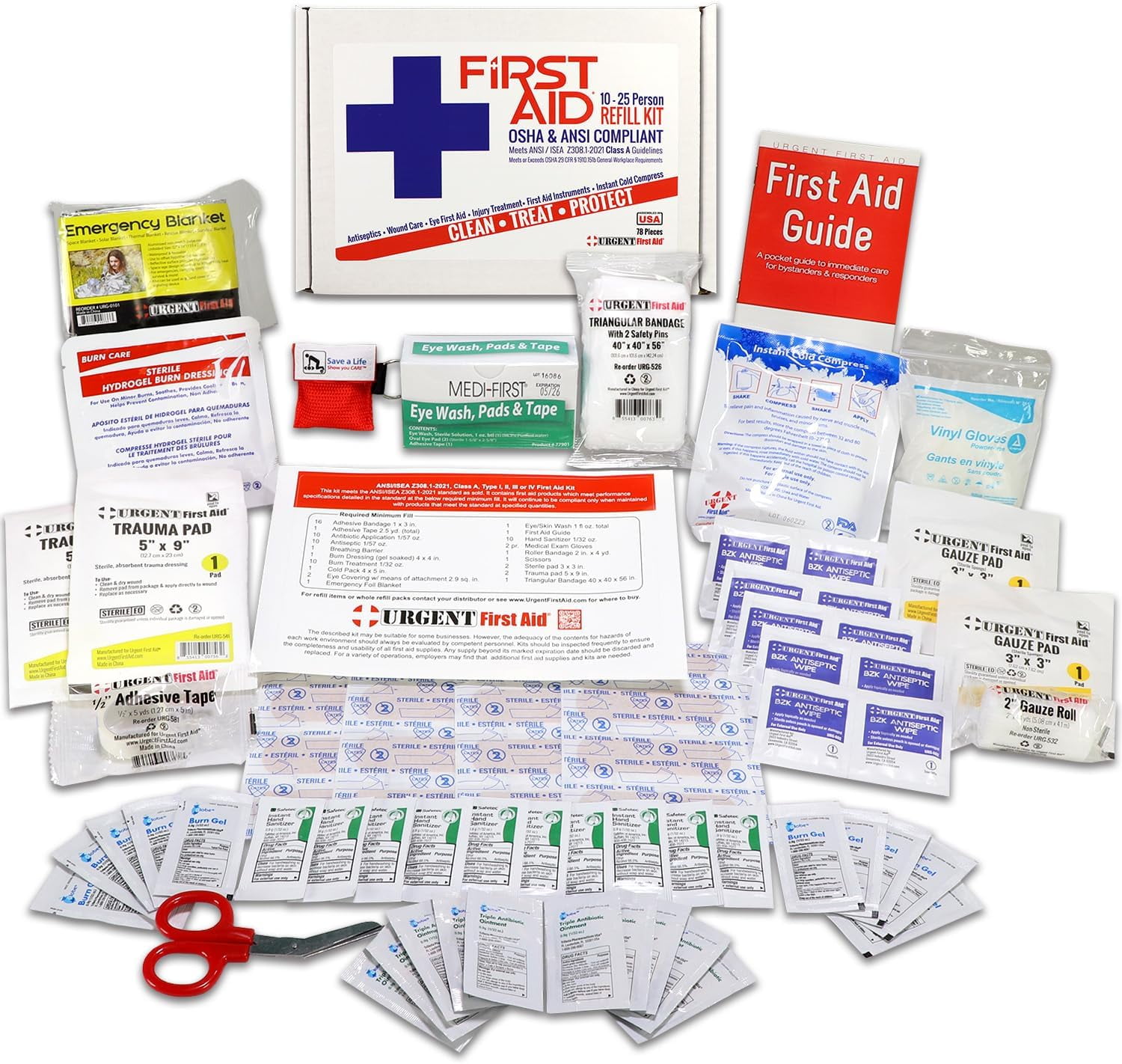 OSHA & ANSI First Aid Kit Refill/Upgrade, 25 Person, 78 Pieces, ANSI ...