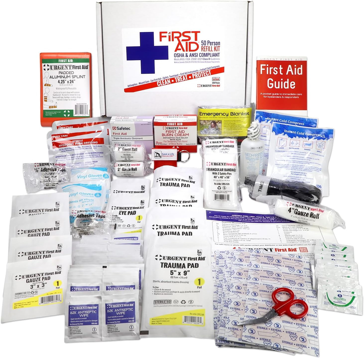 OSHA & ANSI First Aid Kit Refill/Upgrade, 50 Person, 208 Pieces, ANSI ...