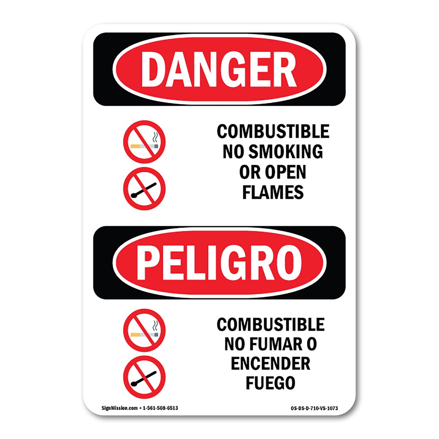OSHA Danger Sign - Combustible No Smoking Open Flames Bilingual ...
