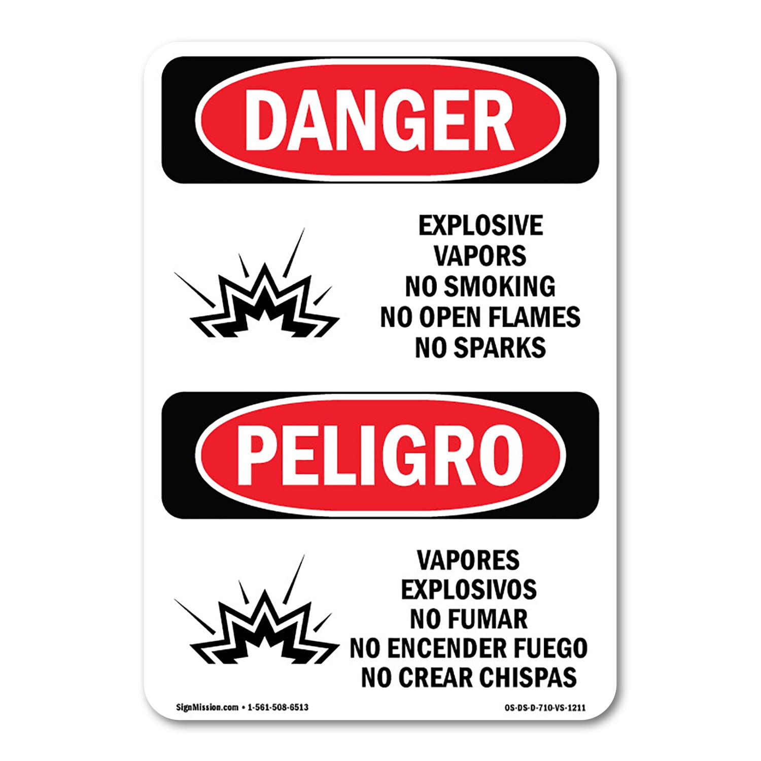 OSHA Danger Sign - Explosive Vapors No Smoking Bilingual | Plastic Sign ...