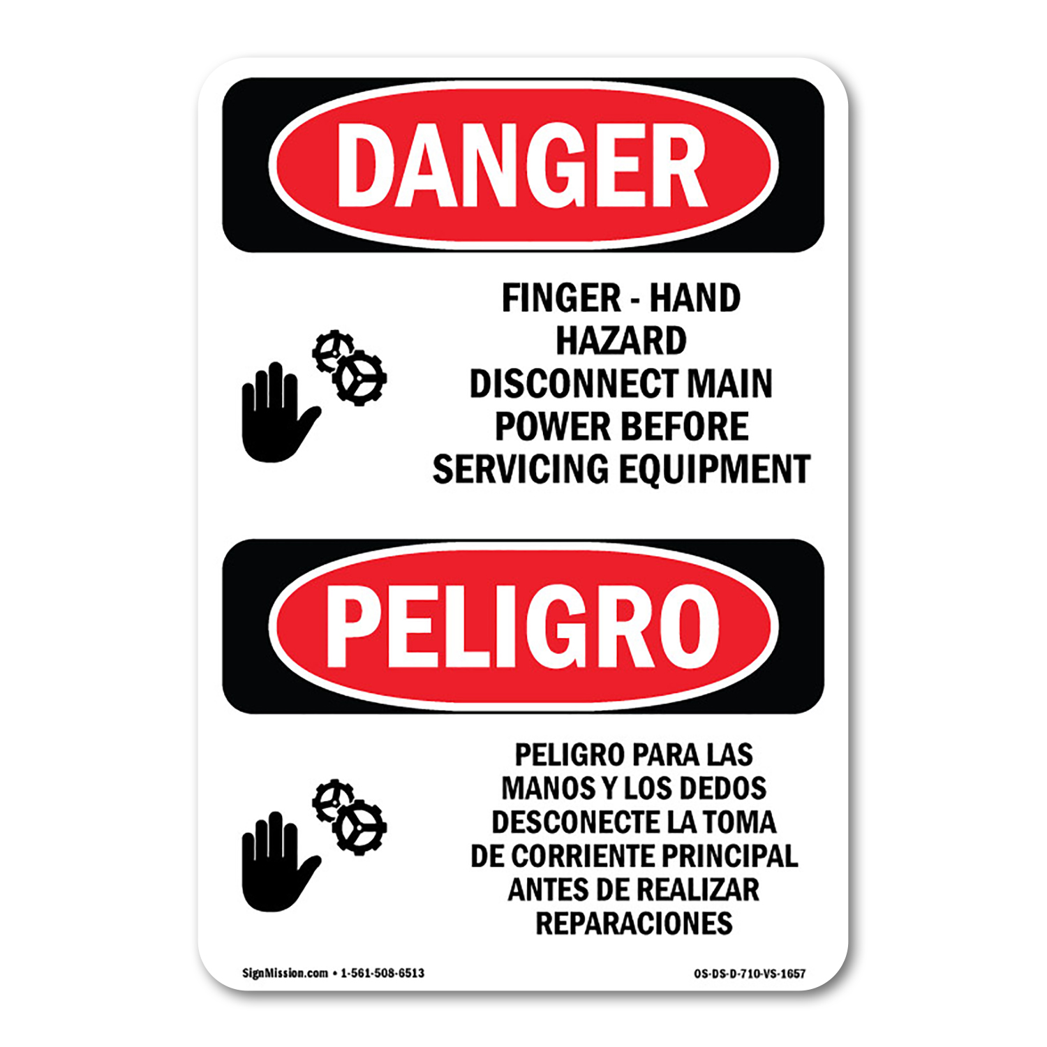 OSHA Danger Sign - Finger - Hand Hazard Bilingual | Plastic Sign ...