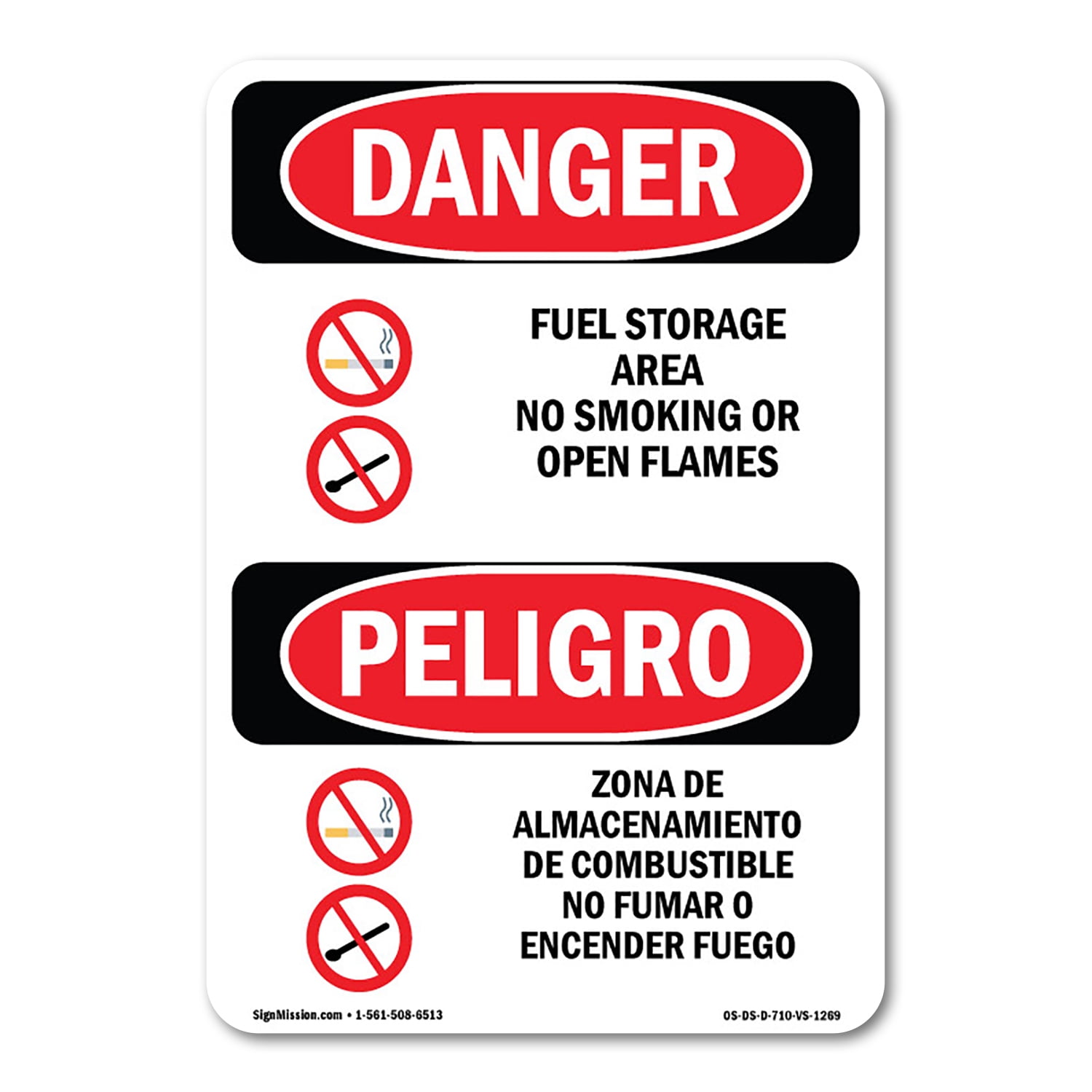 OSHA Danger Sign - Fuel Storage Area No Smoking Bilingual | Plastic ...