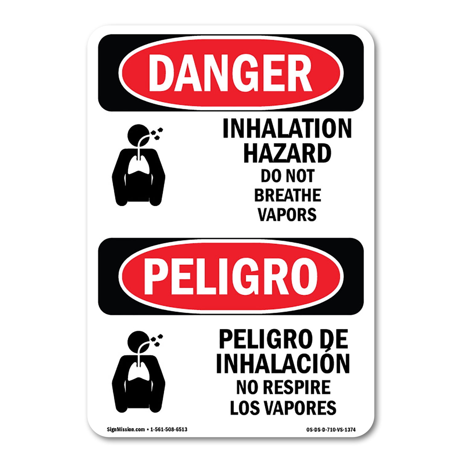 OSHA Danger Sign - Inhalation Hazard Breathe Vapors Bilingual | Plastic ...