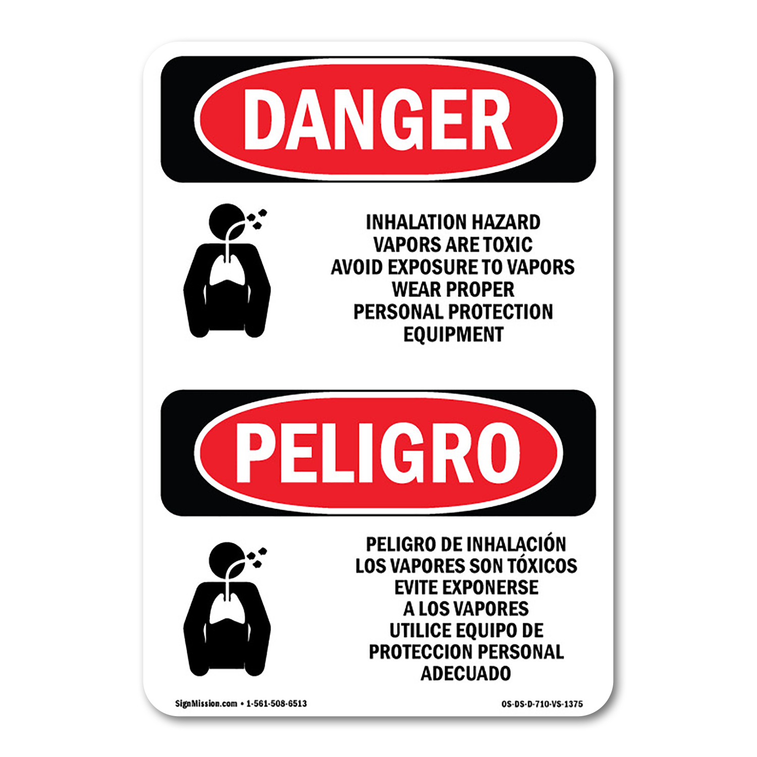 OSHA Danger Sign - Inhalation Hazard Vapors Toxic Bilingual | Decal ...