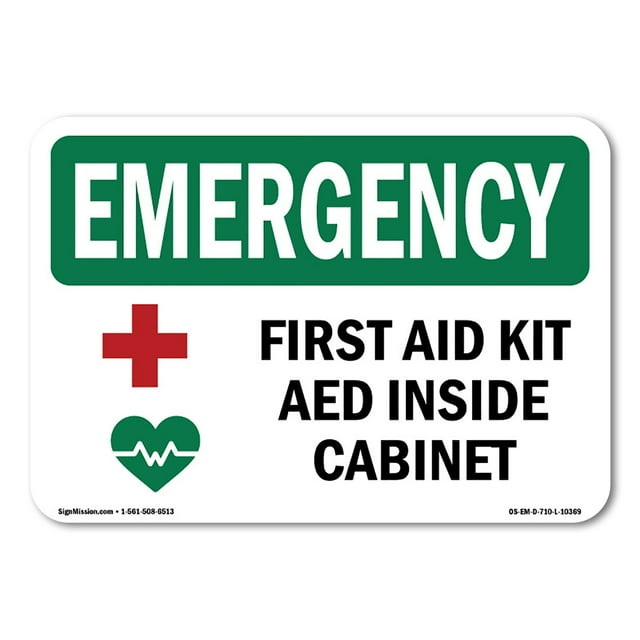 OSHA EMERGENCY Sign - First Aid Kit AED Inside Cabinet With Symbol ...