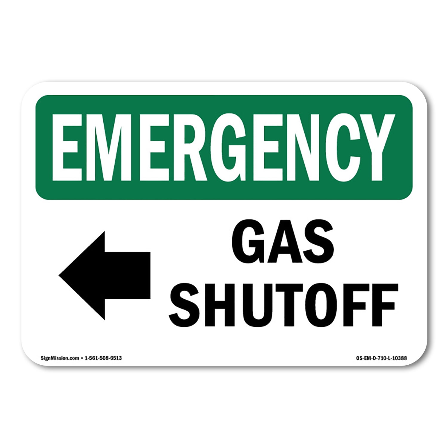OSHA EMERGENCY Sign - Gas Shutoff [Left Arrow] With Symbol | Decal ...