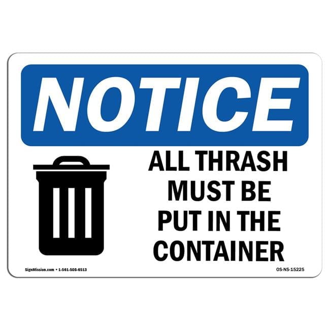 OSHA Notice Sign - All Trash Must Be Sign with Symbol - Walmart.com