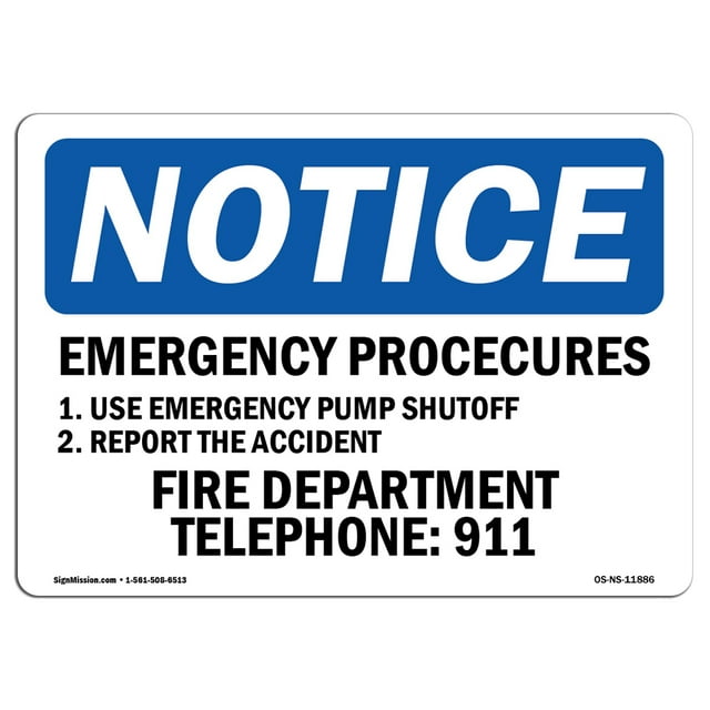 OSHA Notice Sign - Emergency Procedures 1. Use Emergency Pump | Decal ...