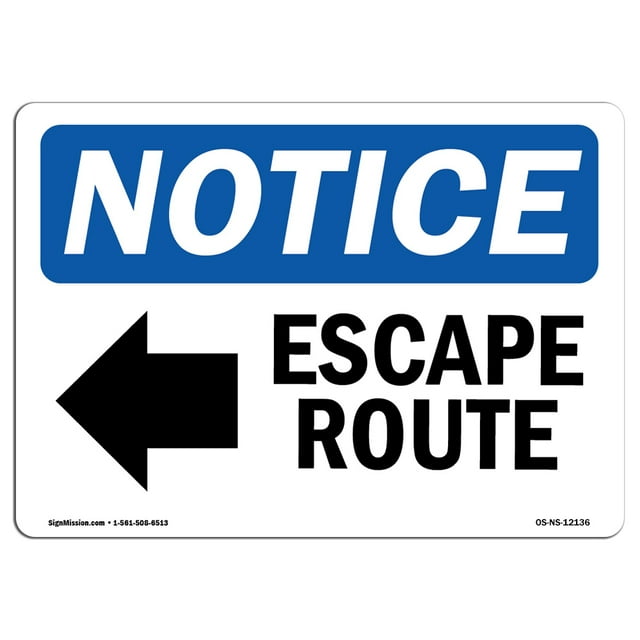 OSHA Notice Sign - Escape Route [Left Arrow] Sign With Symbol | Decal ...