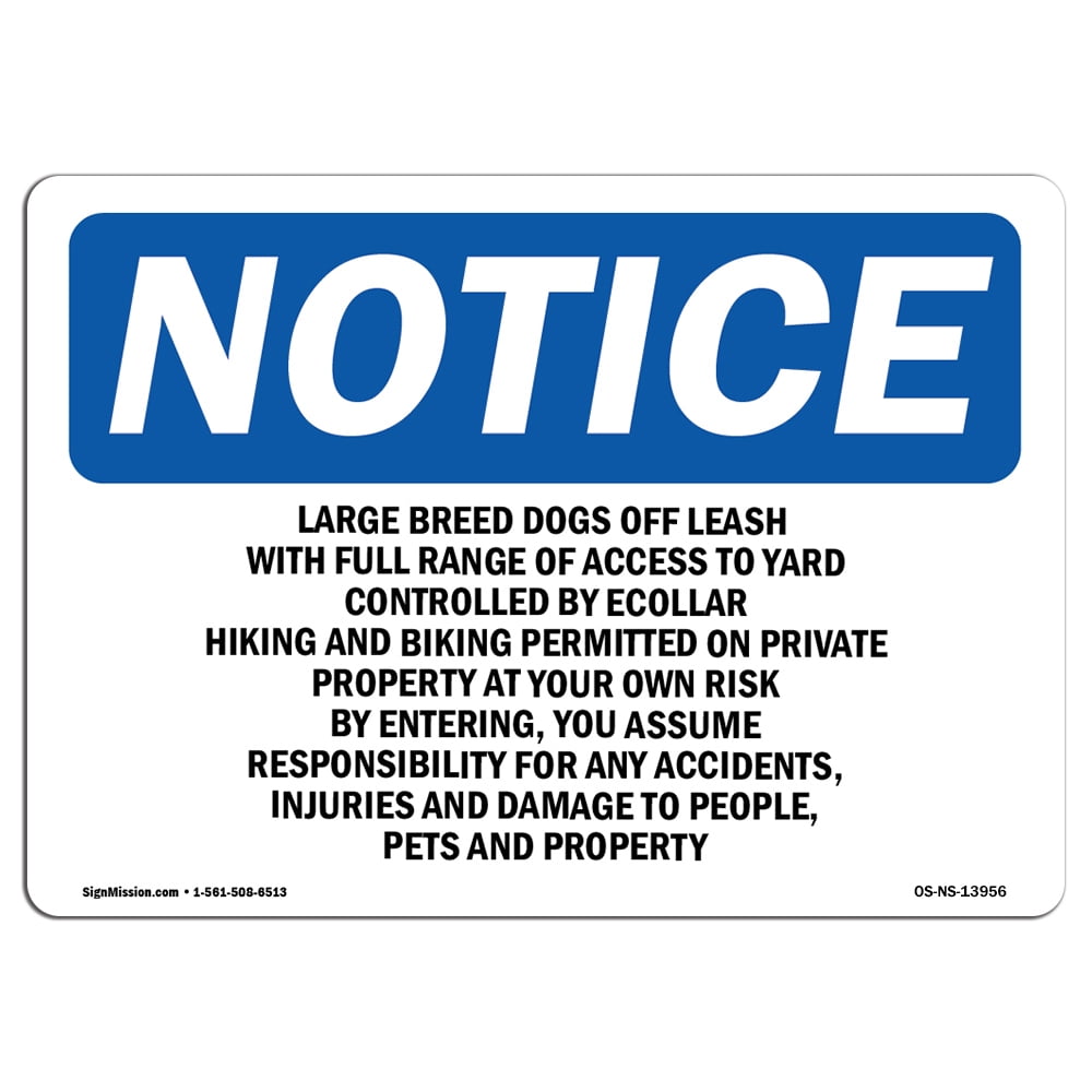OSHA Notice Sign - Large Breed Dogs Off Leash With Full Range | Plastic ...