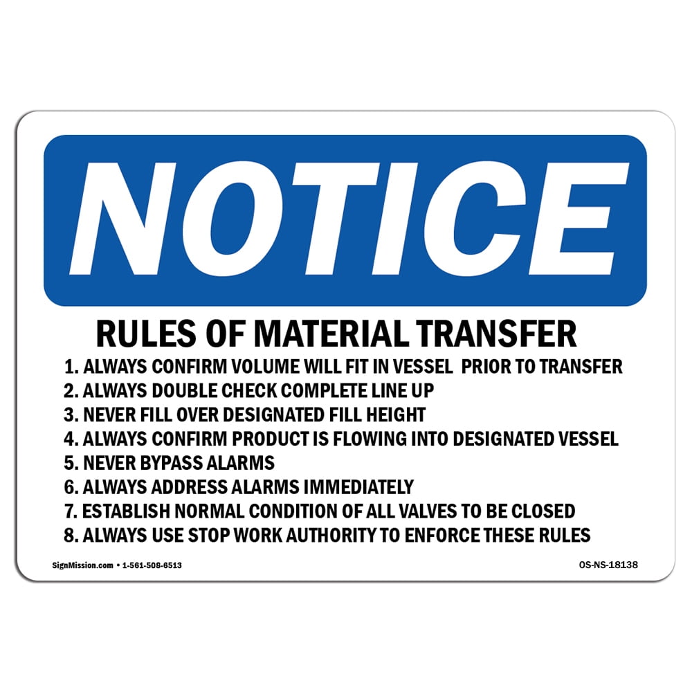 OSHA Notice Sign - Rules Of Material Transfer 1. Always Confirm | Decal ...