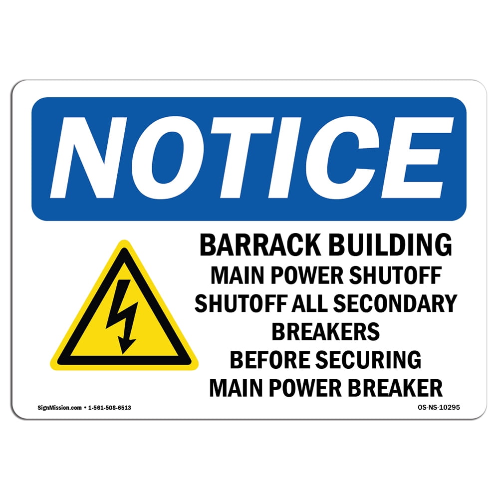 OSHA Notice Signs - Barracks Building Main Power Sign With Symbol ...