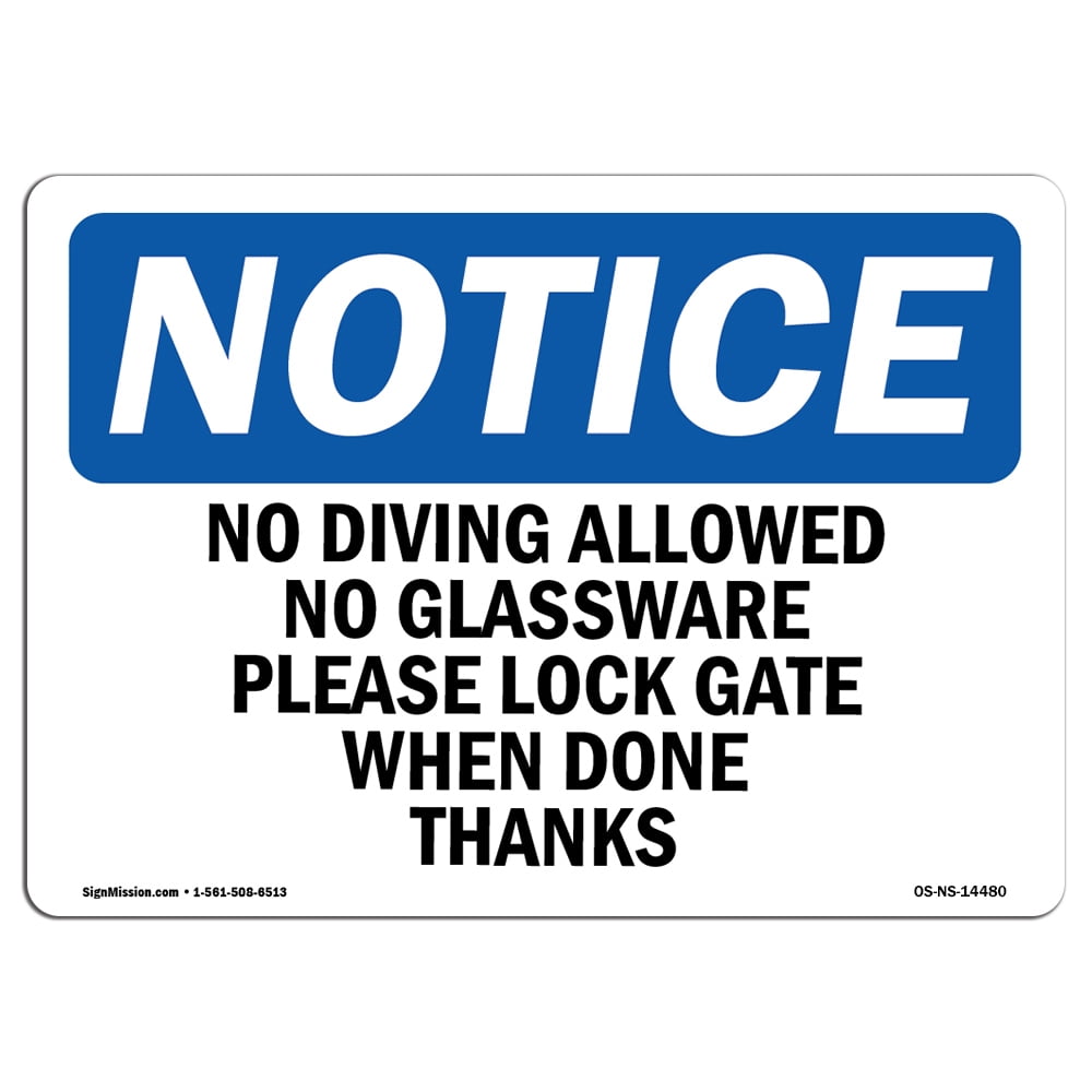 OSHA Notice Signs - No Diving Allowed No Glassware Please Lock Sign ...