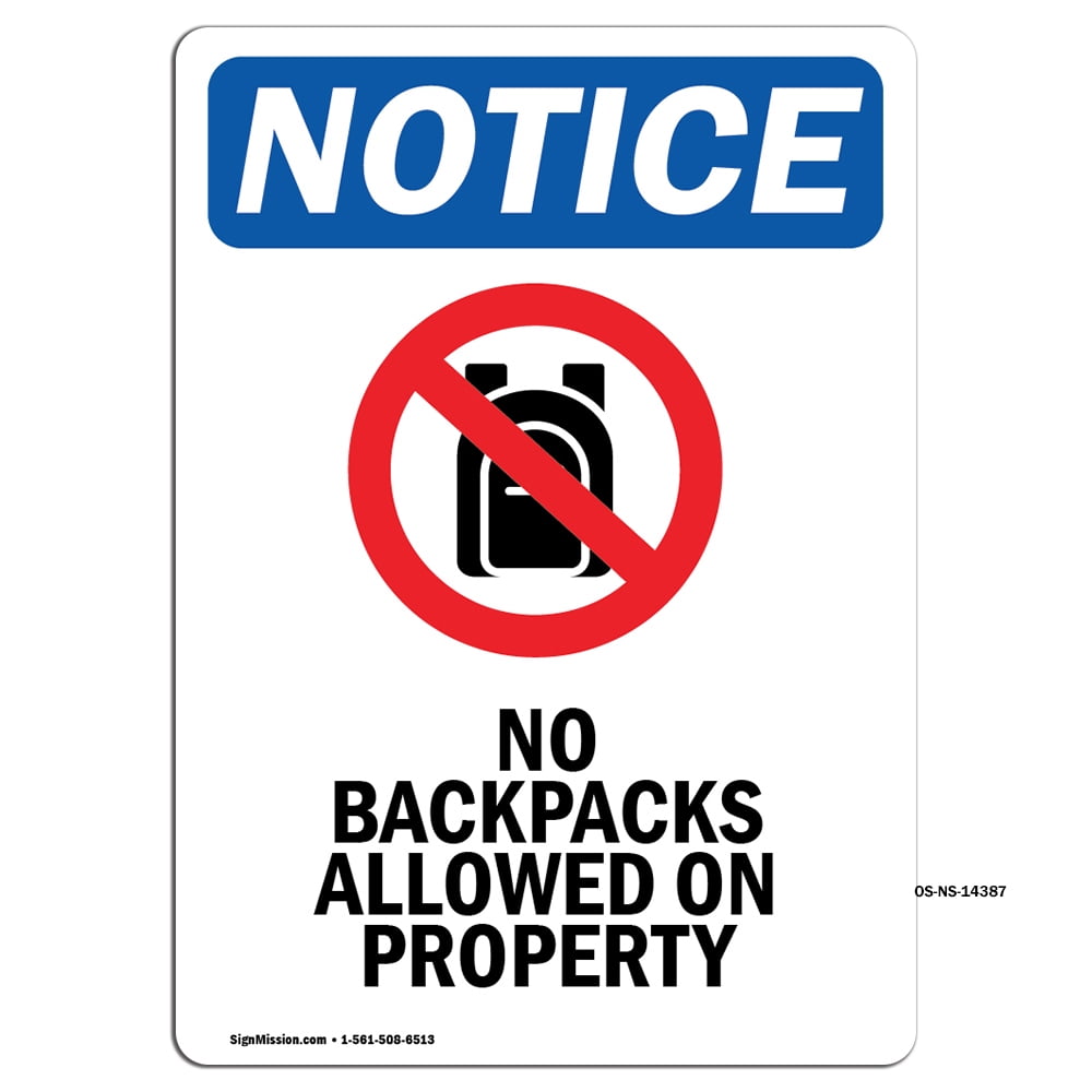 OSHA Notice Signs - No Backpacks Allowed Sign With Symbol | Decal ...