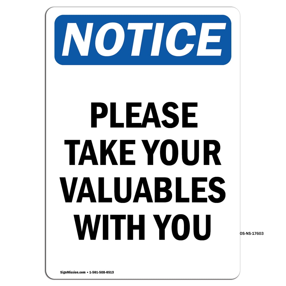 OSHA Notice Signs - Please Take Your Valuables With You | Decal ...