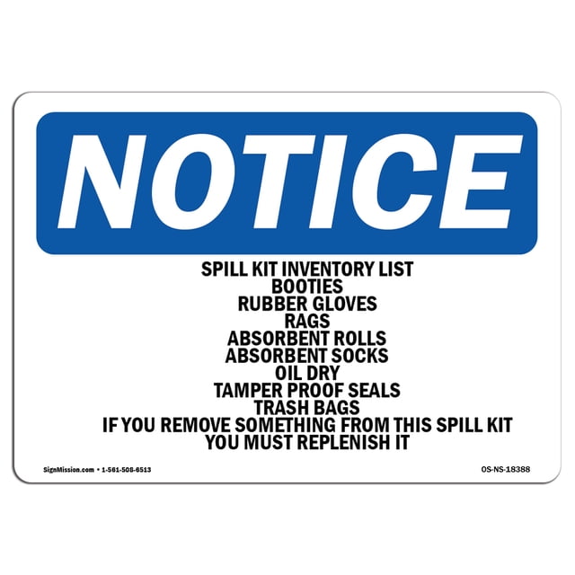 OSHA Notice Signs - Spill Kit Inventory List Booties Rubber Sign ...