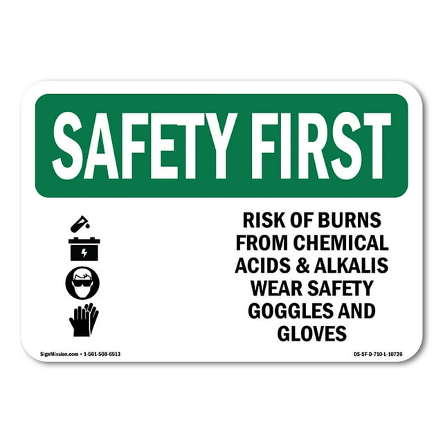 OSHA SAFETY FIRST Sign - Risk Of Burns From Chemical With Symbol ...