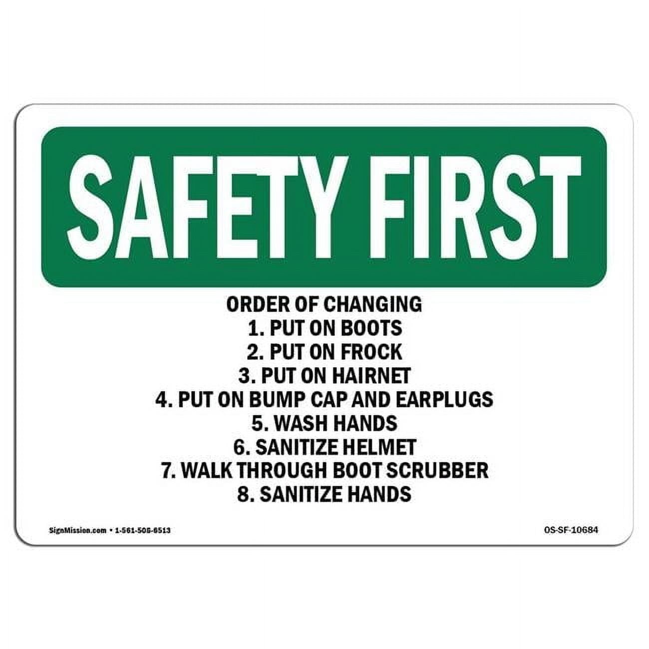 OSHA Safety First Sign - Order of Changing 1. Put on Boots 2. Put on ...