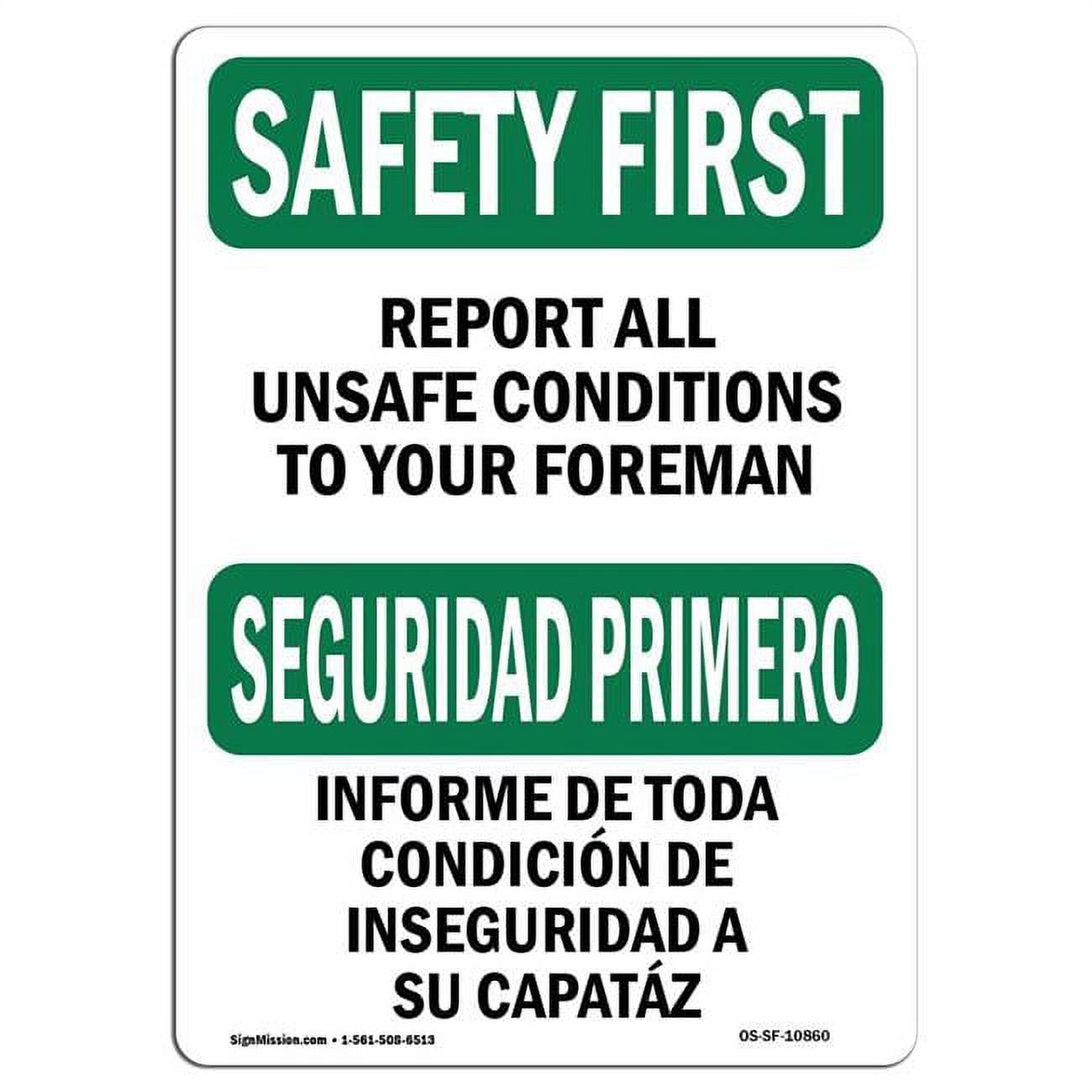 OSHA Safety First Sign - Report All Unsafe Conditions Foreman - Walmart.com