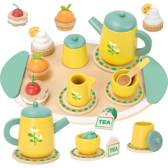 OSLINE Wooden Tea Set for Toddlers,Pretend Play Kids Toys for Girls ...