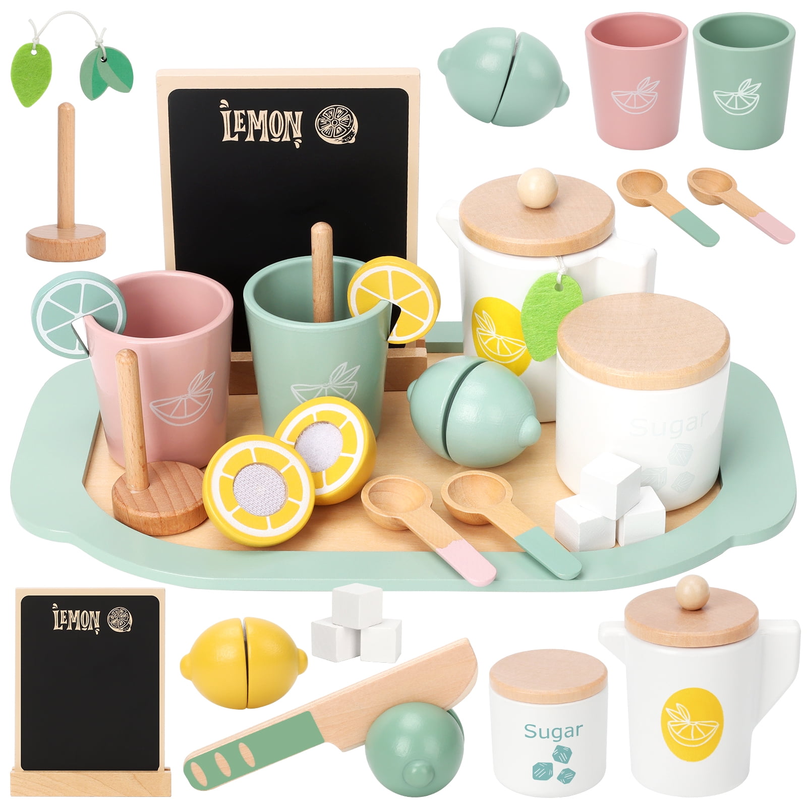 OSLINE Wooden Tea Set for Toddlers Pretend Play Toys, Tea Party Set for ...