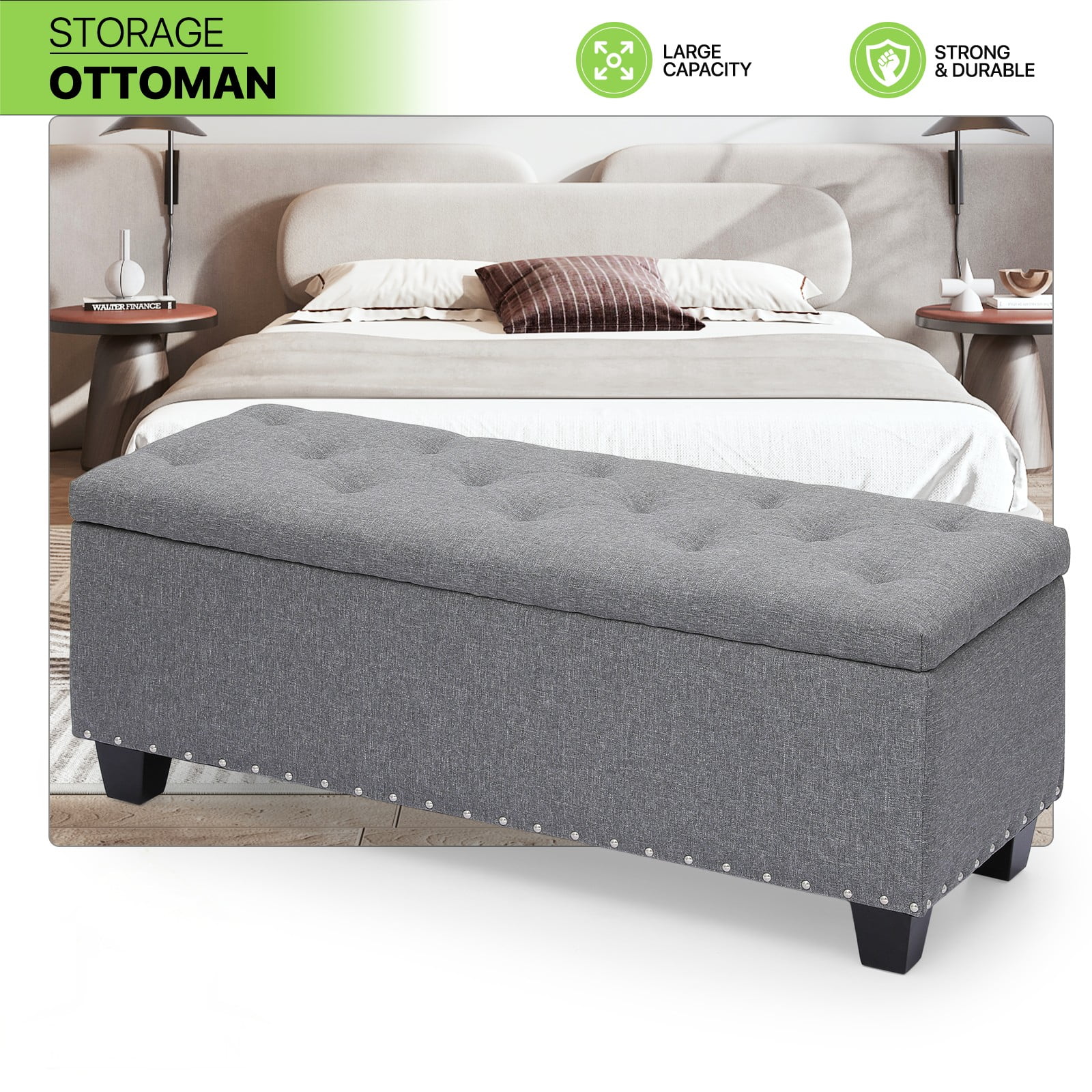 OSM 42 Inch Long Storage Ottoman Bench, Linen Foot Stool Upholstered ...