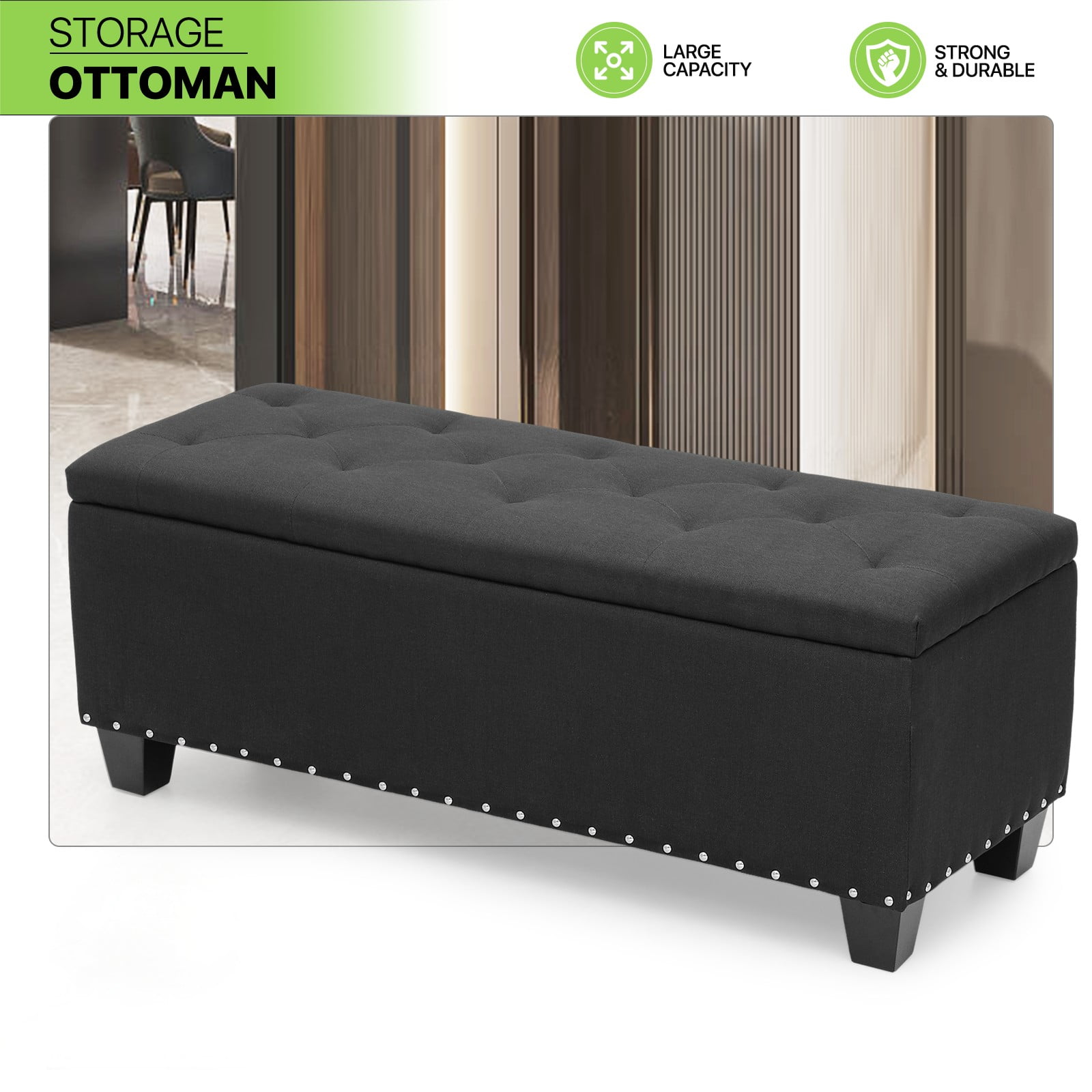 OSM 42 Inch Long Storage Ottoman Bench, Linen Foot Stool Upholstered ...