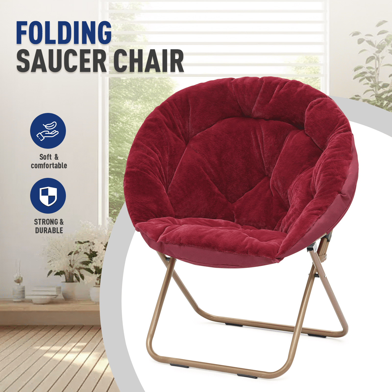 OSM Round Folding Faux Fur Saucer Chair, Thick Padded Comfy Lounge ...